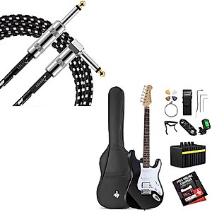 Donner DST-100B 39 Inch Electric Guitar Beginner Kit + Guitar Cable 10 ft Black White