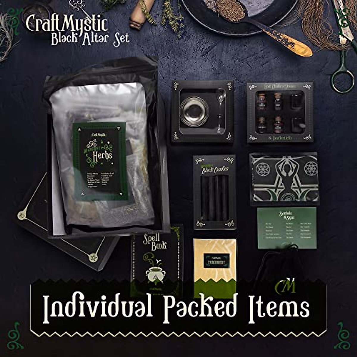 Witchcraft Supplies Wiccan Tools for Beginners - 50 Set Witchy Gifts Starter Kit Box - Crystals for Witchcraft Dried Herbs Spell Jars Candles - Spiritual Altar Witch Stuff for Pagan Gothic Room Decor