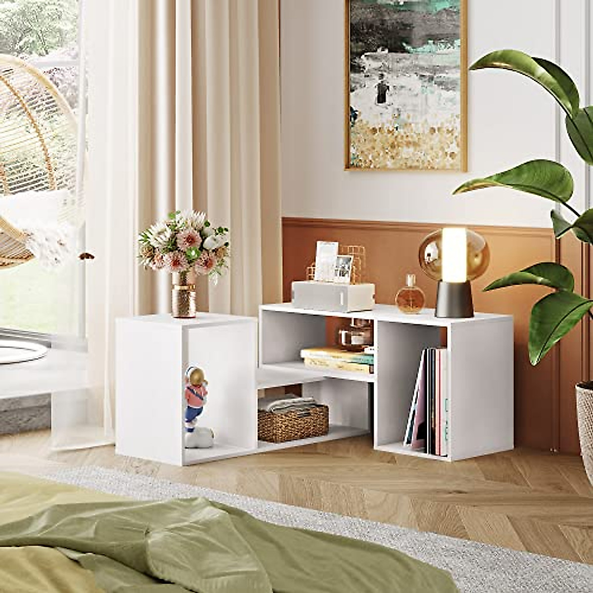 DEVAISE Flat Screen TV Stand for 43 45 55 inch TV, Modern Entertainment Center with Storage Shelves, Media Console Bookshelf for Living Room, White