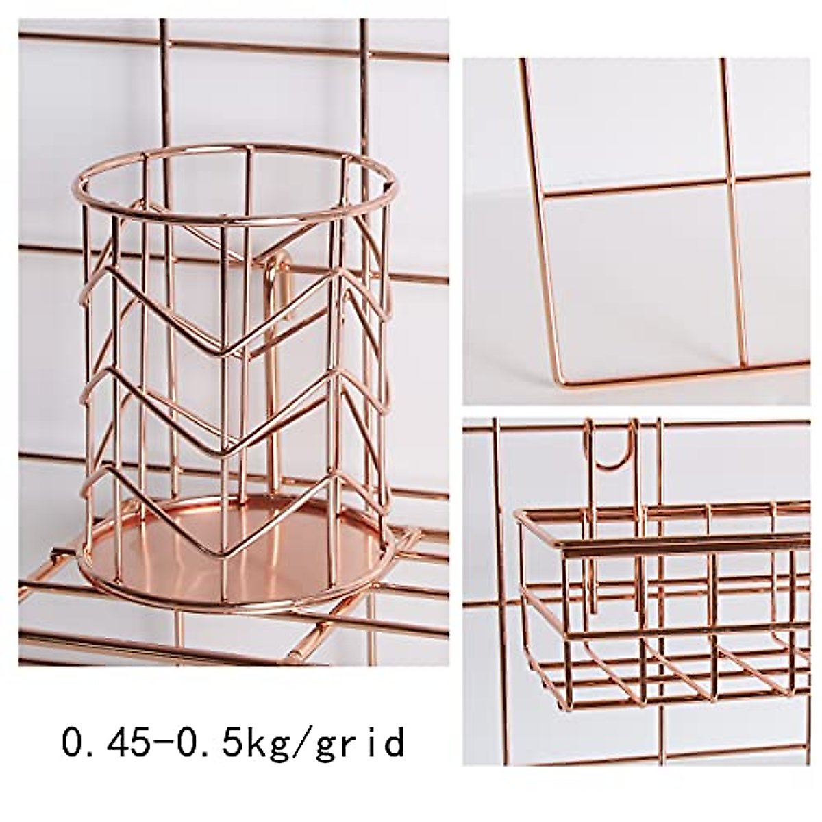 BULYZER Grid Wall Shelves Basket with Hooks,Bookshelf,Display Shelf for Wall Grid Panel,Wall Mount Organizer and Storage Shelf Rack for Office (Rose Gold)