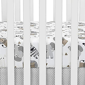Lambs & Ivy Jungle Safari 100% Cotton White/Gray Elephant/Lion Fitted Crib Sheet