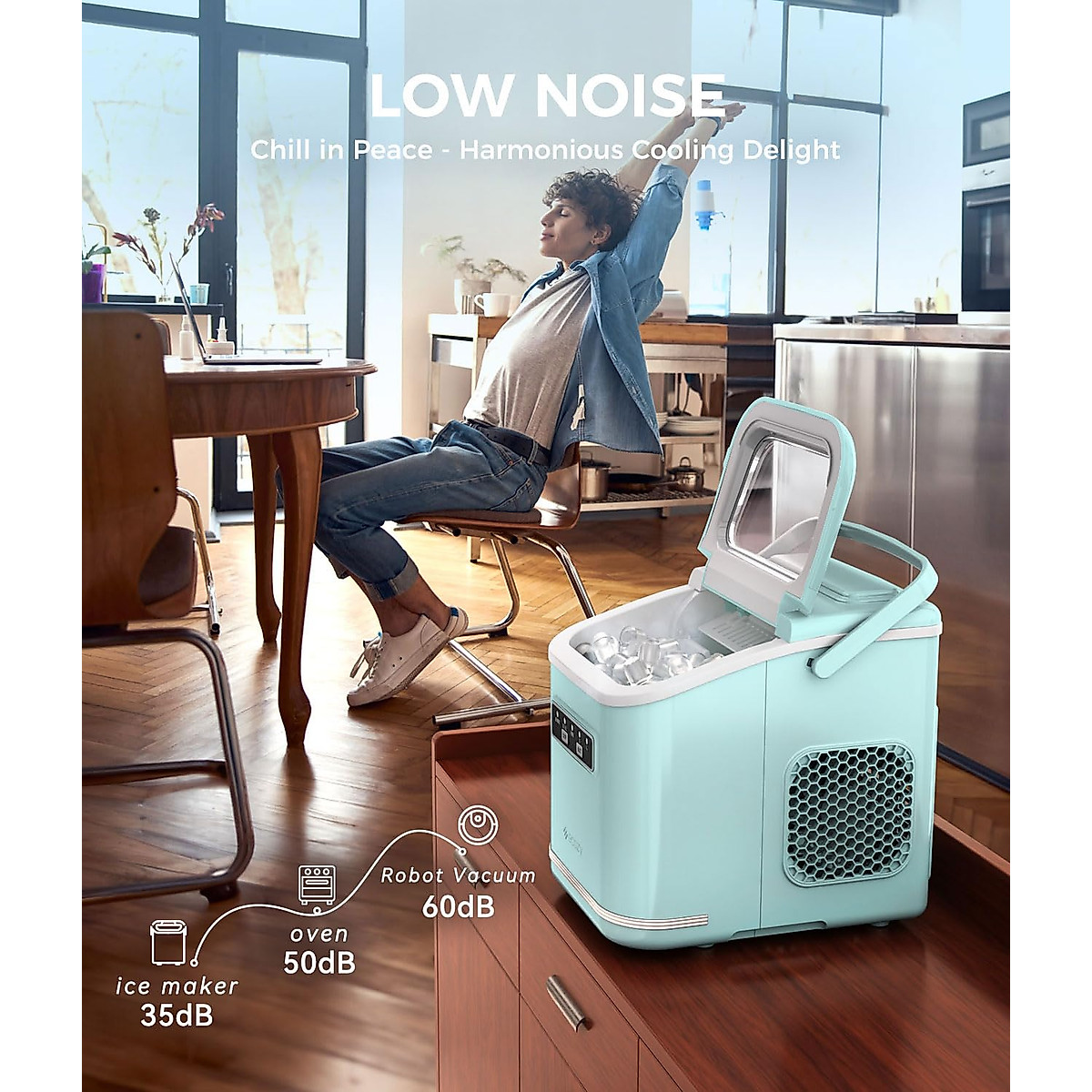 ecozy Countertop Ice Maker, Portable Ice Maker with Self-Cleaning, 9 Bullet Ice Cubes in 6 Mins, 26lbs/24Hrs, Ice Maker Machine with Ice Bags, Handle, Standing Scoop and Basket, Green