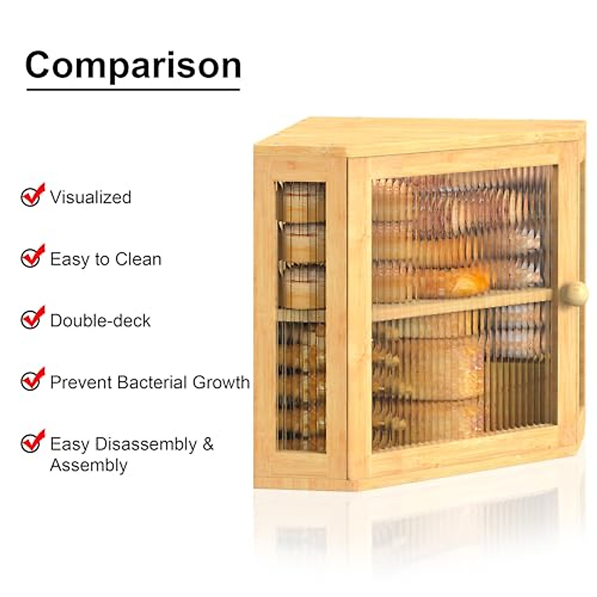 RYLTKISS Corner Bread Box–Extra Large Bread Box for Bread Storage-Durable Bamboo Wood Bread Box for Kitchen Countertop-Double Bread Container with Adjustable Height, Modern Bread Box Easy To Assemble
