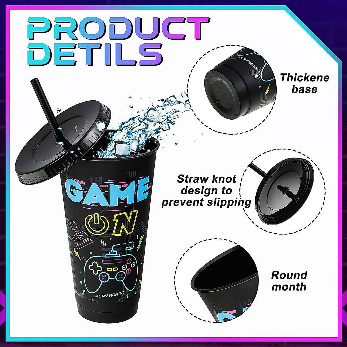 Uiifan 16 Pcs Video Game Party Plastic Cups with Lids and Straws 24 oz Iced Coffee Drinking Resuable Plastic Cups for Video Game Birthday Party Favor(Black)