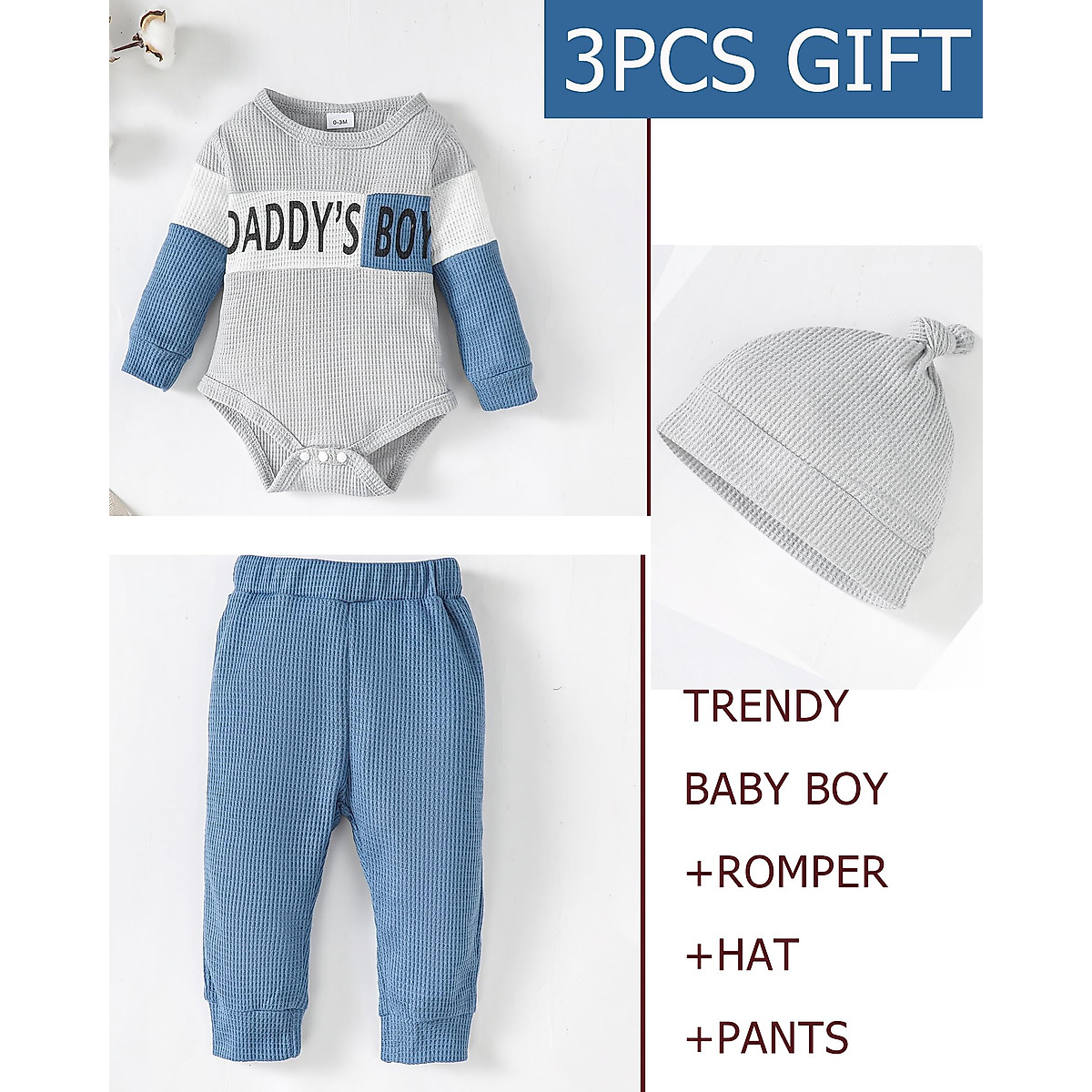 SUNNY PIGGY Baby Boy Clothes 3-6 Months Infant Newborn Romper Daddy Boy Top Spring Baby Pants Infant Cute Hat Grey+Blue