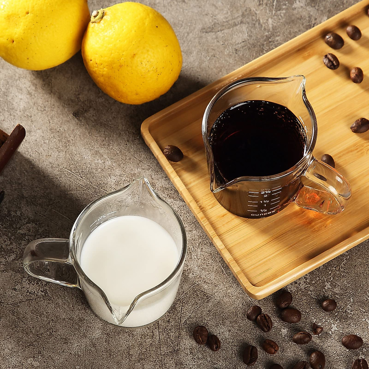 2 Pack 3oz Heat Resistant Glass Espresso Measuring Glass Espresso Shot Glass Triple Pitcher Barista Double Spouts With Pouring Handle Barista Measuring Cup Double Shot Glass (Glass Handle)