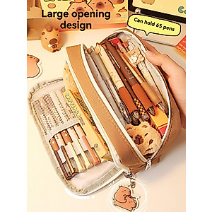 forzma Open Wide 4 Compartment Pencil Case Pen Pouch Canvas Capybara with Pen Slots Grids Bonus Pin Brown/Black (Milk Coffee)
