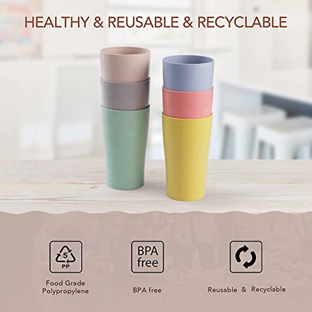 greenandlife 400ml/14oz Set 6 Multicolor Mug for Coffee, Tea, Water, Milk, Juice, Wheat Straw Cup, Unbreakable,Non-toxin, BPA free and Healthy for Kids Children Toddler & Adult