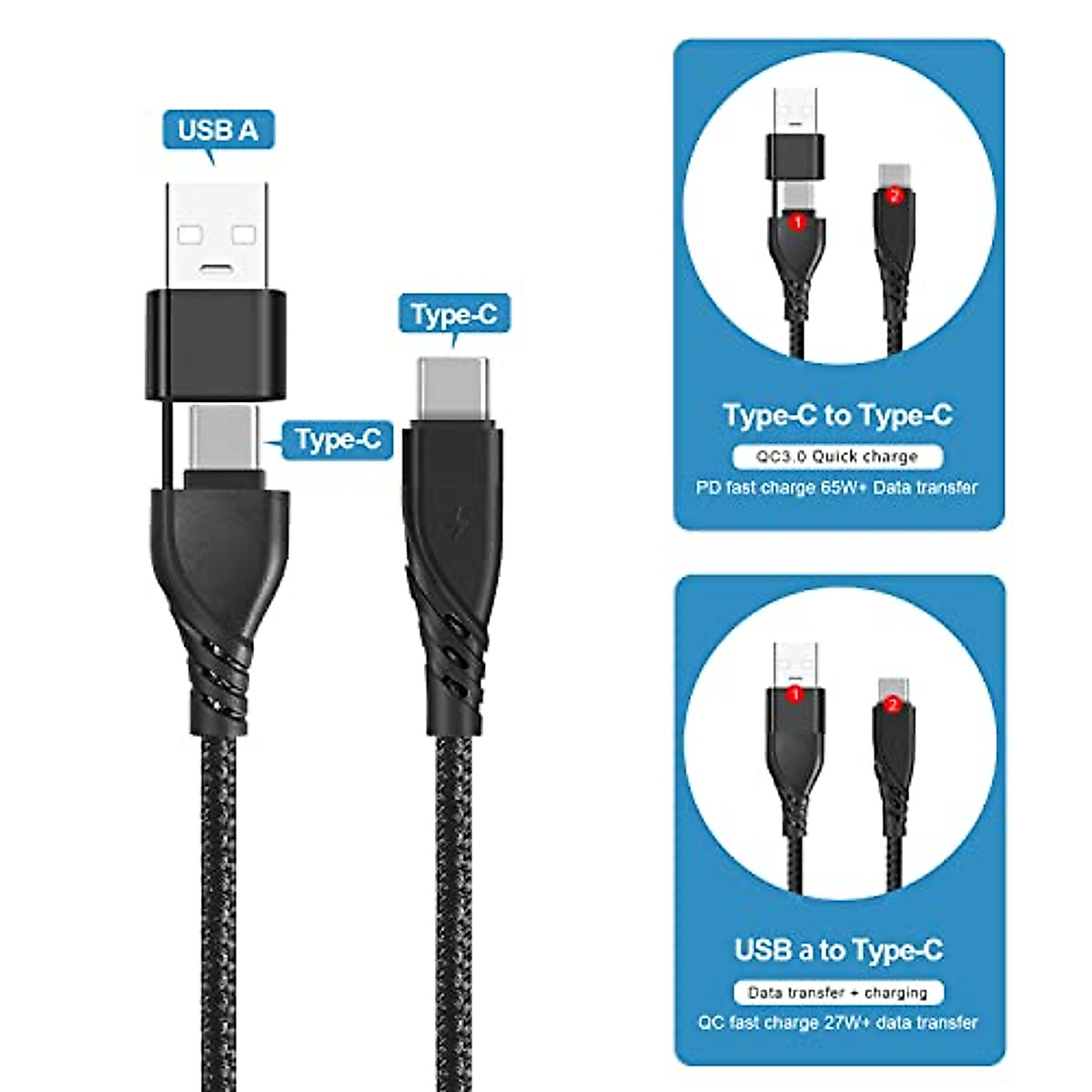 USB A/C to Type C Cable, LHJRY 6.6Ft 65W 3Pack Fast Charging Cable, Support PD/QC 3.0 Fast Charge Compatible with Samsung Galaxy S22 S21 S20 S10 Note 20 10, LG V50 Google Pixel and Other USB C Charger