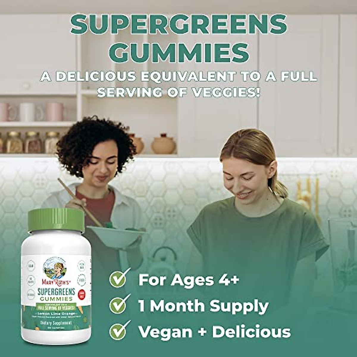 MaryRuth's Super Greens Gummies | Sugar Free | Super Greens Powder in a Gummy | 8 Greens Gummies with a Full Serving of Veggies for Adult & Kids Age 4+ | 2g Fiber Per Serving | Vegan | 60 Count