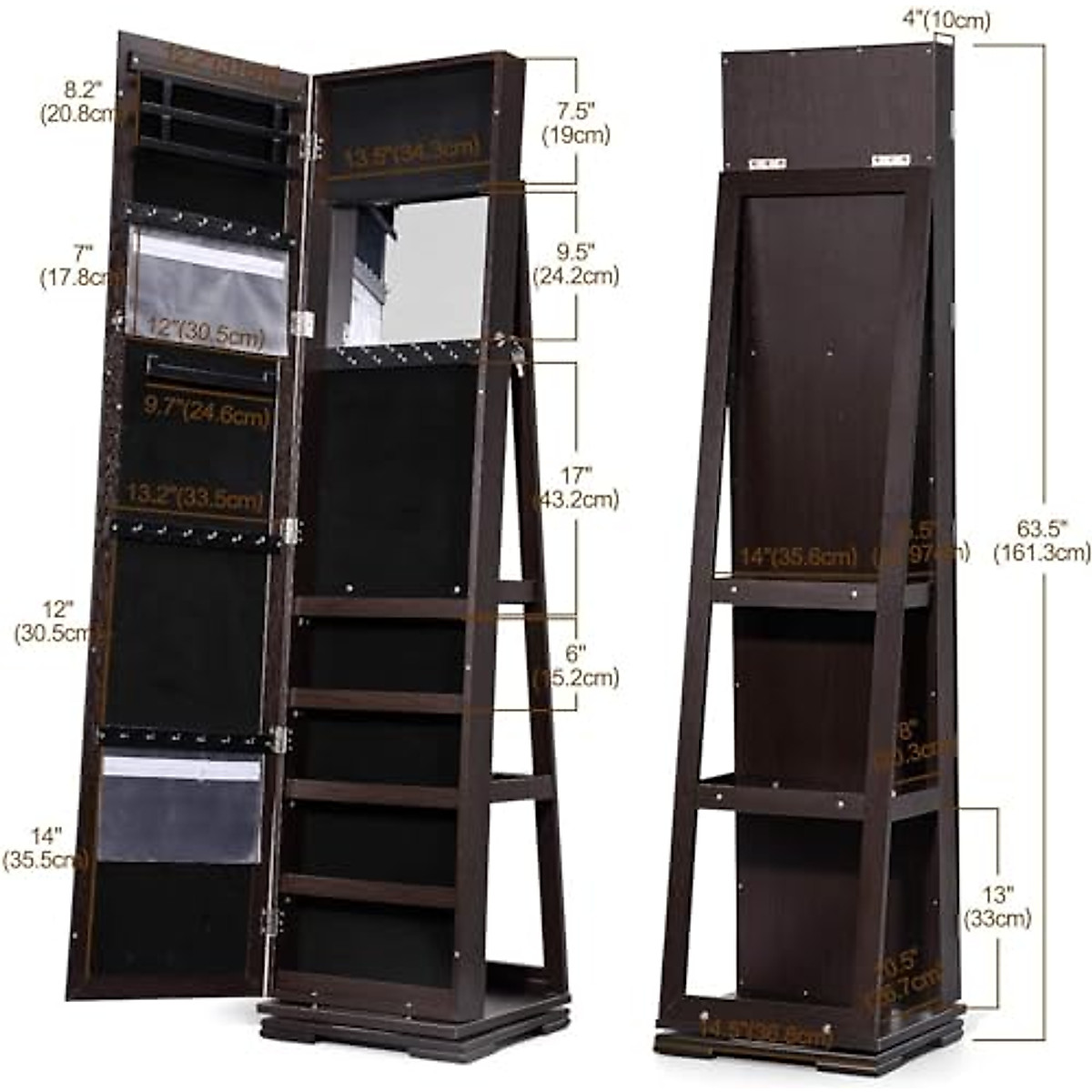 Titan Mall 360° Rotating Jewelry Cabinet Standing Jewelry Armoire with Full Length Mirror,Revolving Makeup Jewelry Holder Organizer Full Body Mirror,Large Stand Up Jewelry Box,Women Girl Gift,Brown