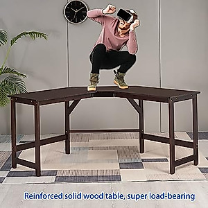 MARCTEL Premium L-Shaped Sturdy Solid Pine Wood Computer Desk, 55-Inch Plus Large Gaming Table, Home Office Writing Workstation, Espresso