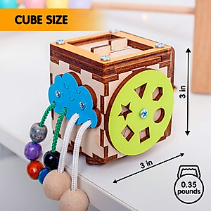 Wooden Activity Cube for Toddlers 1-3 Year 6in1 Car Lacing Beads Puzzles - 3.15 х 3.15 h - Sensory Busy Board – Travel Plane Handmade Fidget Toys – Baby Kids Montessori Activities
