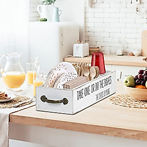 Kitchen Countertop Paper Plate Organizer Utensil Caddy, Wooden Paper Plate Holder with Handle, Utensil Caddy Holder for Cup Fork Knives Napkin Condiment, Silverware Caddy for Party Camping BBQ