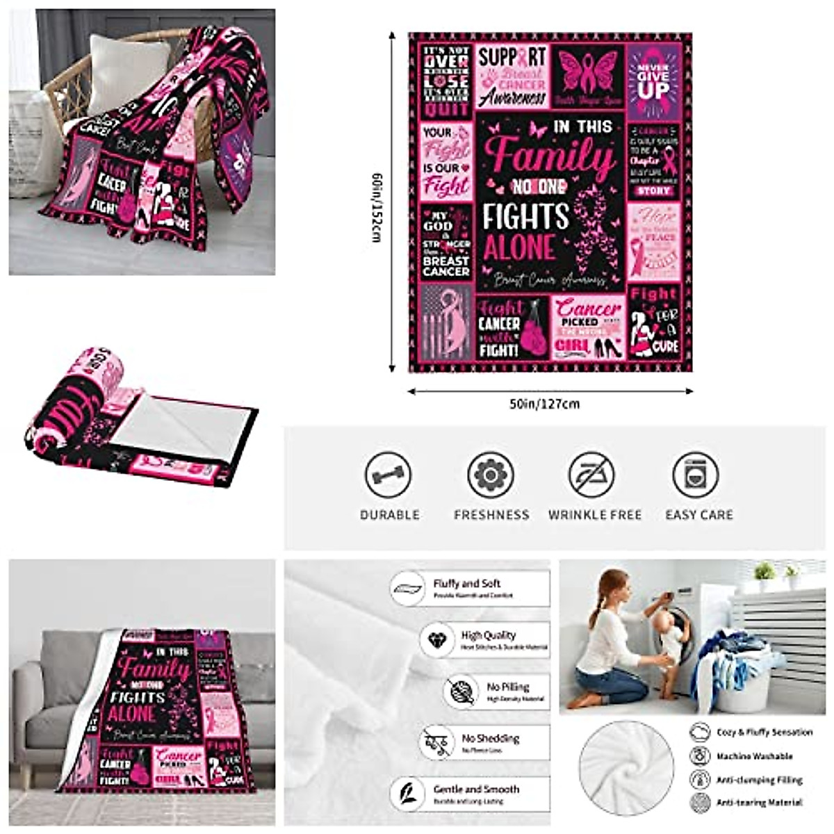 Breast Cancer Awareness Accessories Breast Cancer Gifts for Women Breast Cancer Survivor Gifts for Women Mothers Day Chemo Gifts for Women Breast Cancer Awareness Decorations Blanket 60x50 Inch