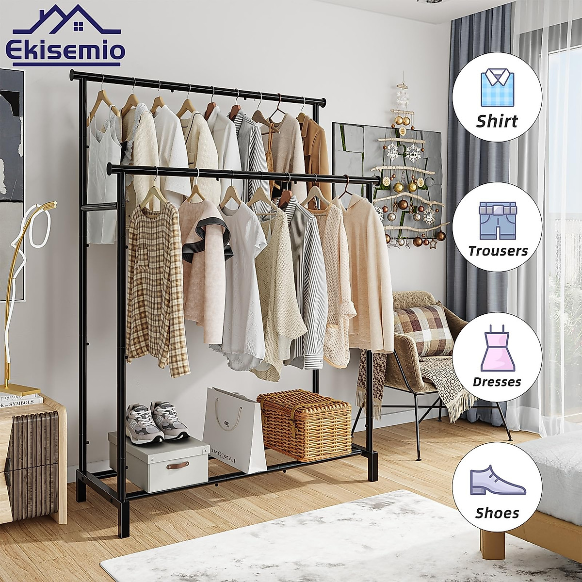 Ekisemio Double Rod Garment Rack for Hanging Clothes, Clothing Rack with Storage Shelves, Metal Multi-Functional Clothes Rack for Bedroom, Living Room, Black