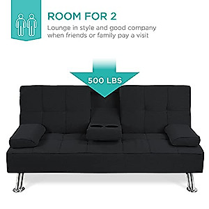 Best Choice Products Linen Upholstered Modern Convertible Folding Futon Sofa Bed for Compact Living Space, Apartment, Dorm, Bonus Room w/Removable Armrests, Metal Legs, 2 Cupholders - Black