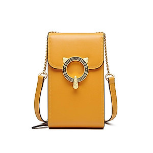Crossbody Cell Phone Purse for Women, Genuine Leather Crossbody Phone Bags Ladies Cross Body Purse Women's Small Cowhide Leather Shoulder Bags Zip Around Leather Purse Wallets(Yellow)