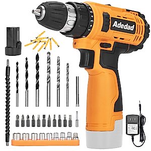 Adedad 12V Cordless Drill Set Electric Power Drill Kit with Battery and Charger, 3/8 Inch Keyless Chuck,21+1 Position, 2 Variable Speed, LED Light and 42pcs Accessories