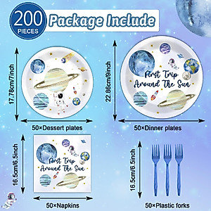ZOIIWA 200 PCS First Trip Around the Sun Birthday Tableware Disposable 1st Space Party Supplies Outer Space Birthday Party Paper Plates Napkins Forks Baby Shower Party Decoration Serve 50 guest