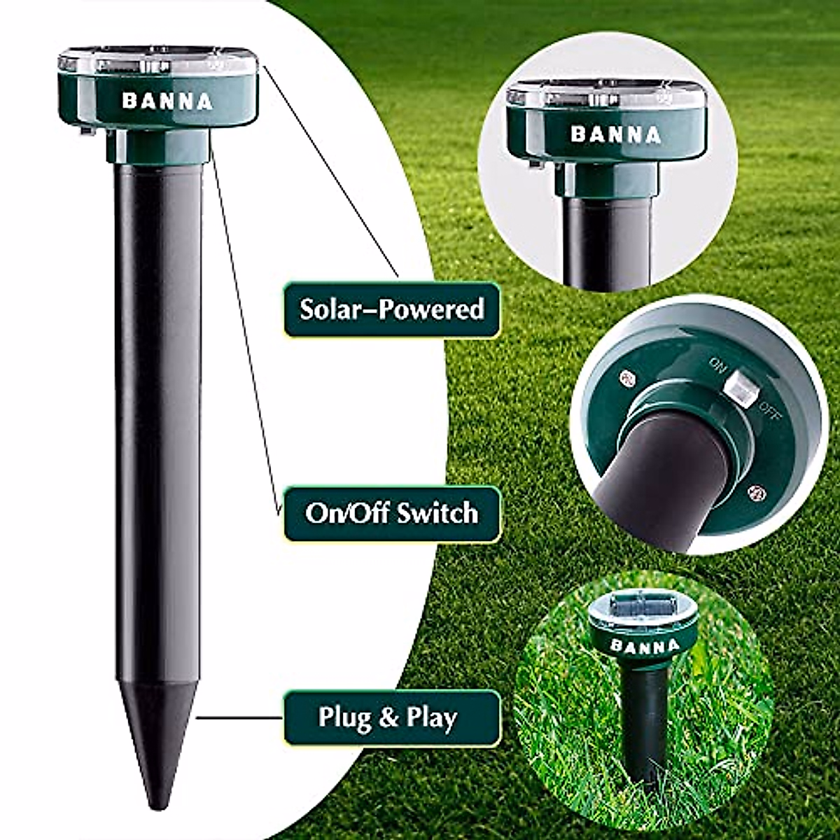 BANNA Solar Sonic Mole Repellent Groundhog Repeller Snake Repellent Gopher Deterrent Vole Chaser Spikes Traps Rodents No Killing - Protect Your Lawn and Garden of Outdoor (4 pcs Round)
