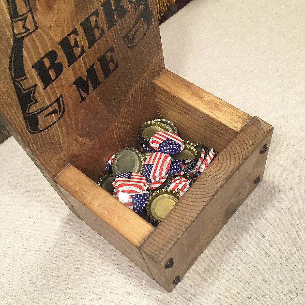 Bottle Opener with Dropbox Cap Catcher - Wall Mount or Freestanding - Laser Engraved - Personalized Christmas Gift idea for men Rustic Wood Groomsmen Gift Sets, Wedding and Anniversary Presents