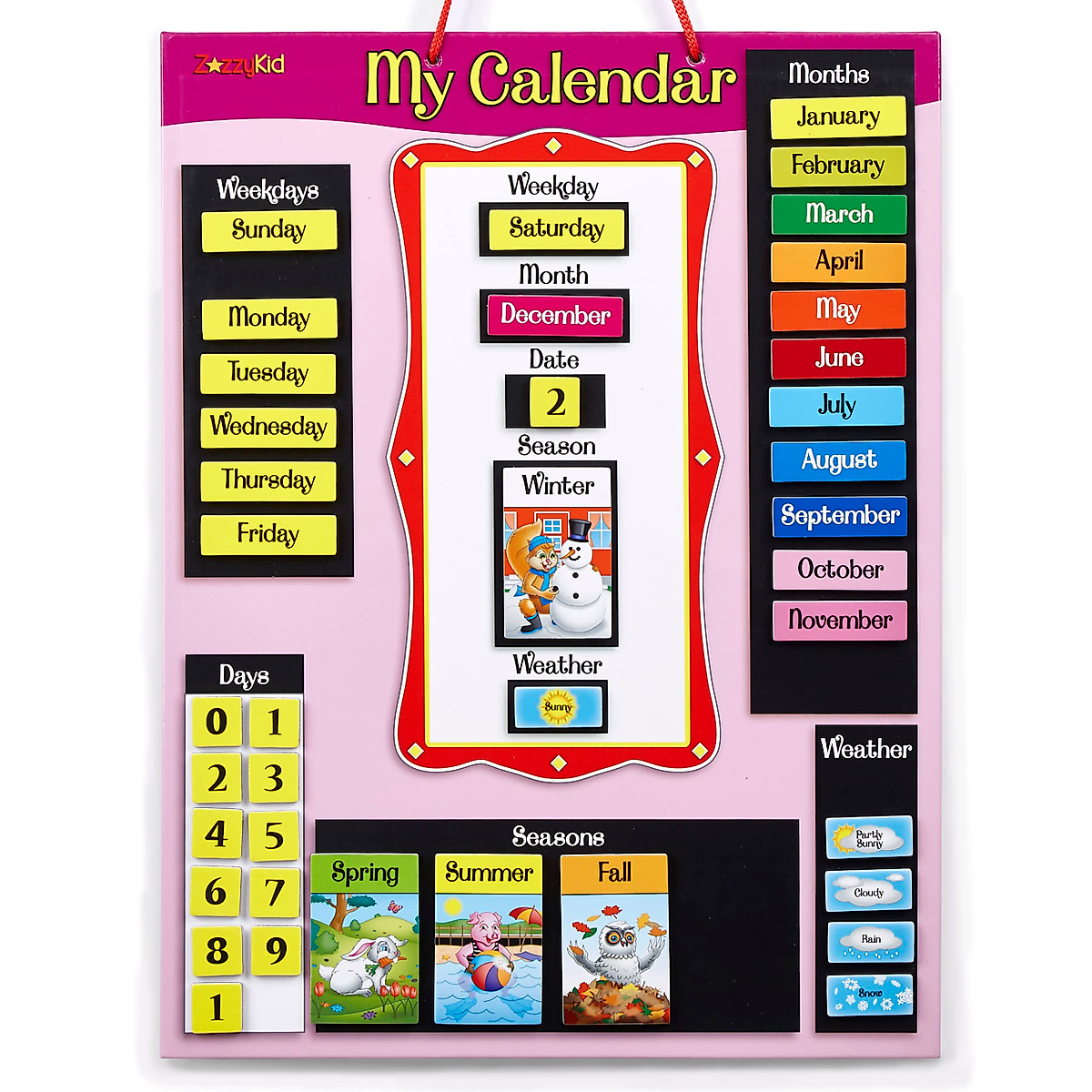 ZazzyKid Magnetic Calendar & Weather Chart for Kids - Preschool Daily Calendar Learning for Days of the Week, Months, Weather & Season Pink