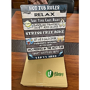 V VIBEPY All Over Printed Hot Tub Rules Metal Sign 12x16 Inches, Hot Tub Sign, Funny Rules Sign, Bathroom Metal Sign, Decorations Sign, Outdoor Metal Sign, Hot Tub Rules Sign (Hot Tub Rules)