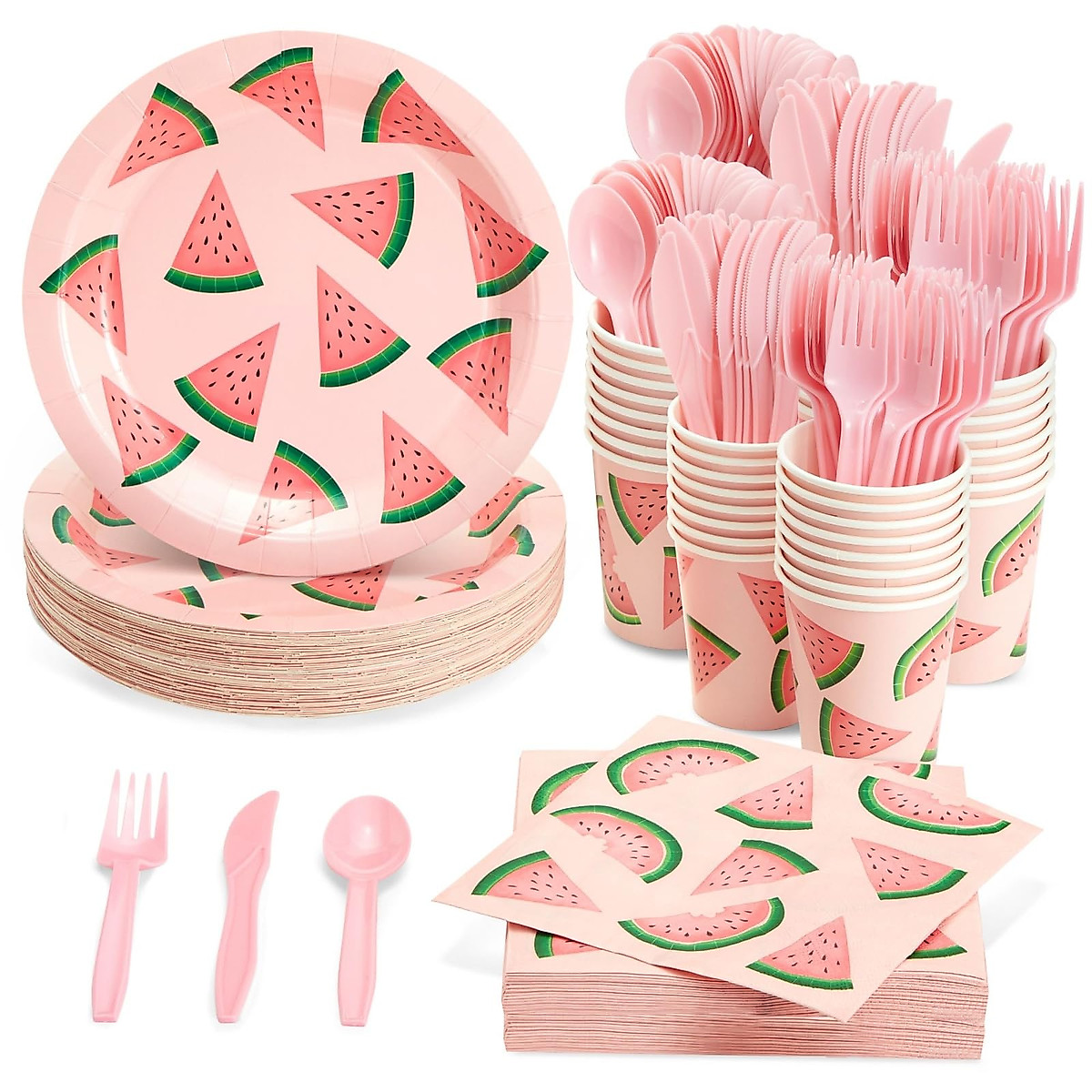 288-Pieces Watermelon Party Supplies with Plates, Napkins, Cups, and Cutlery, One In A Melon Party Decorations for Girls Summer Birthday Party, Baby Shower (Pink, Serves 48)