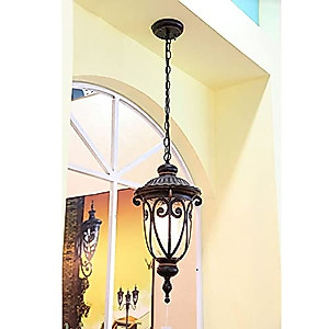 European Outdoor Ceiling Light Hanging Bronze Lantern Brown 16.1" Champagne Hammered Glass Damp Rated Pendant Lights Aluminum Outside for Exterior House Porch Patio Deck Garage Front Door Garden Home