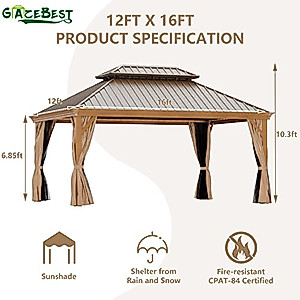 GAZEBEST 12' X 16' Hardtop Gazebo, Outdoor Aluminum Patio Gazebo Double Roof Galvanized Steel Wooden Finish Coated Canopy with Netting and Curtains for Garden, Patio, Backyard, Deck and Lawns.