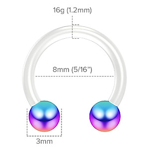 Evonix 2pc 16g Flexible Bioflex Circular Barbell Horseshoe Septum Ring Bioplast Piercing 8mm Rainbow Ball