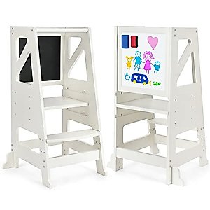 Toddler Kitchen Stool Helper - Toddler Tower with Message Boards & Safty Rail, Adjustable Height Kids Kitchen Step Stool, Chalkboard and Whiteboard, Anti-Slip Protection,Wooden Toddler counter (White)