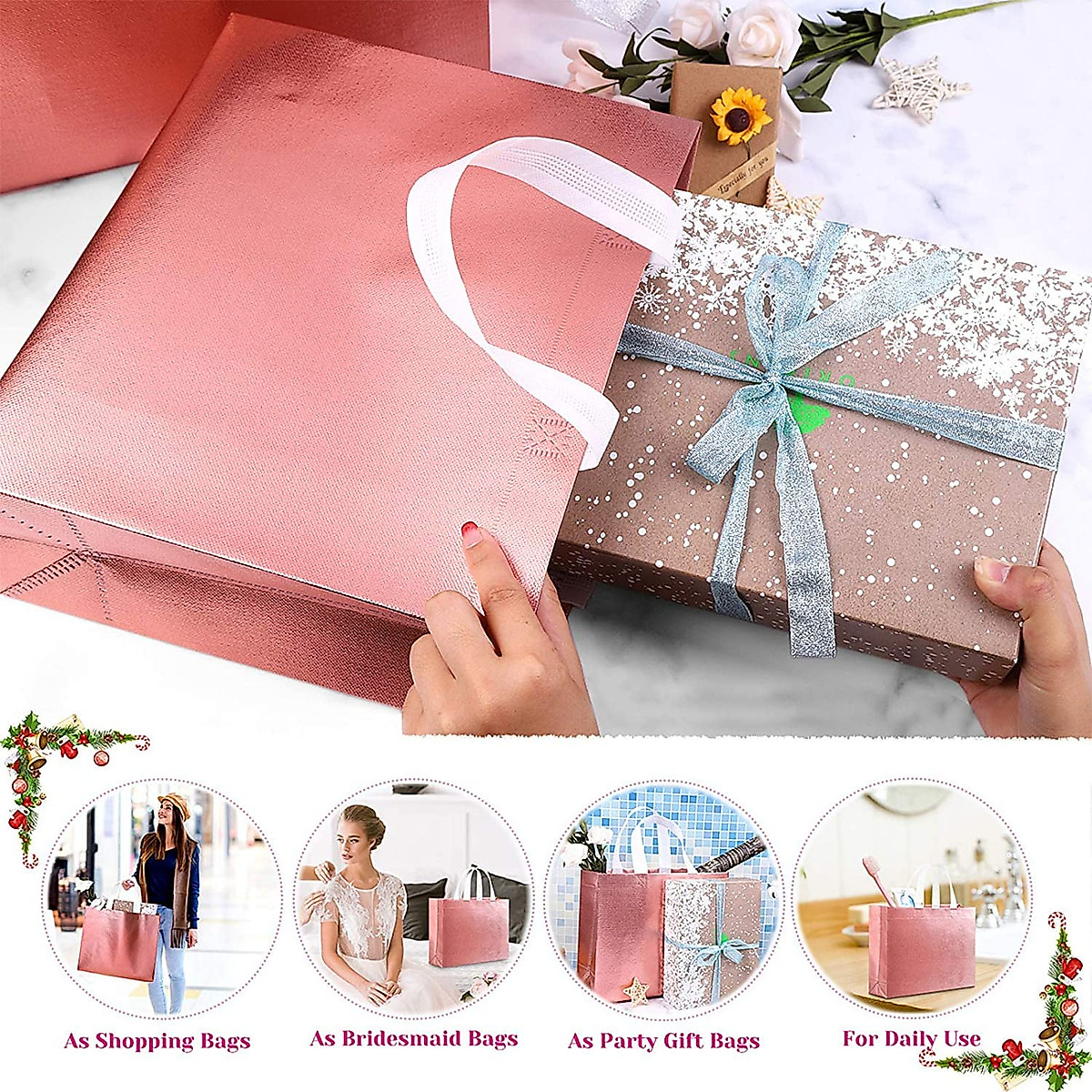 Set of 12 Glossy Reusable Grocery Bags Reusable Gift Bags with Handles Bachelorette Gift Bag Non-Woven Bridesmaid Gift Bag for Women Birthday Wedding Party Mother's Day Christmas Rose Gold