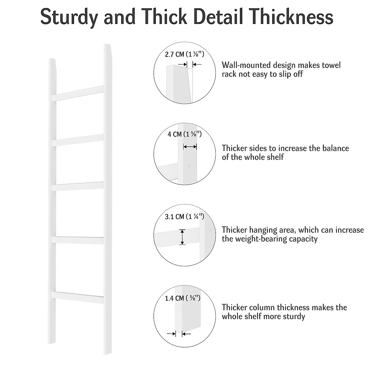 POXAKA Blanket Ladder, 5-Layer Towel Racks, Blanket Holder with Anti-Slip Construction Home Decor, Decorative Blanket, Quilt, Towel, Scarf Ladder Shelves for Living Room, Bedroom, Bathroom, White