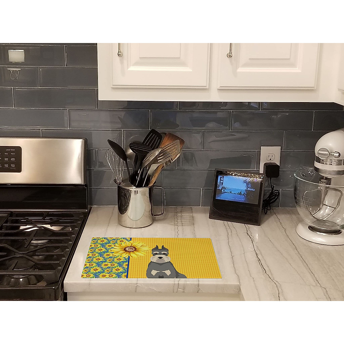 Caroline's Treasures WDK5478LCB Summer Sunflowers Salt Pepper Schnauzer Glass Cutting Board Large Decorative Tempered Glass Kitchen Cutting and Serving Board Large Size Chopping Board