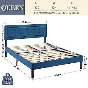 VECELO Queen Size Bed Frame with Adjustable Headboard, Upholstered Button Tufted Platform Bedframe with Wood Slats Support, No Box Spring Needed, Dark Blue