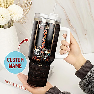 WAZONE Personalized Skull 40oz Tumbler with Handle Lid and Straw Custom Name Wood Drawing Style Double Wall Vacuum Tumblers Insulated Stainless Steel Coffee Travel Mug Novelty Halloween Day Gifts