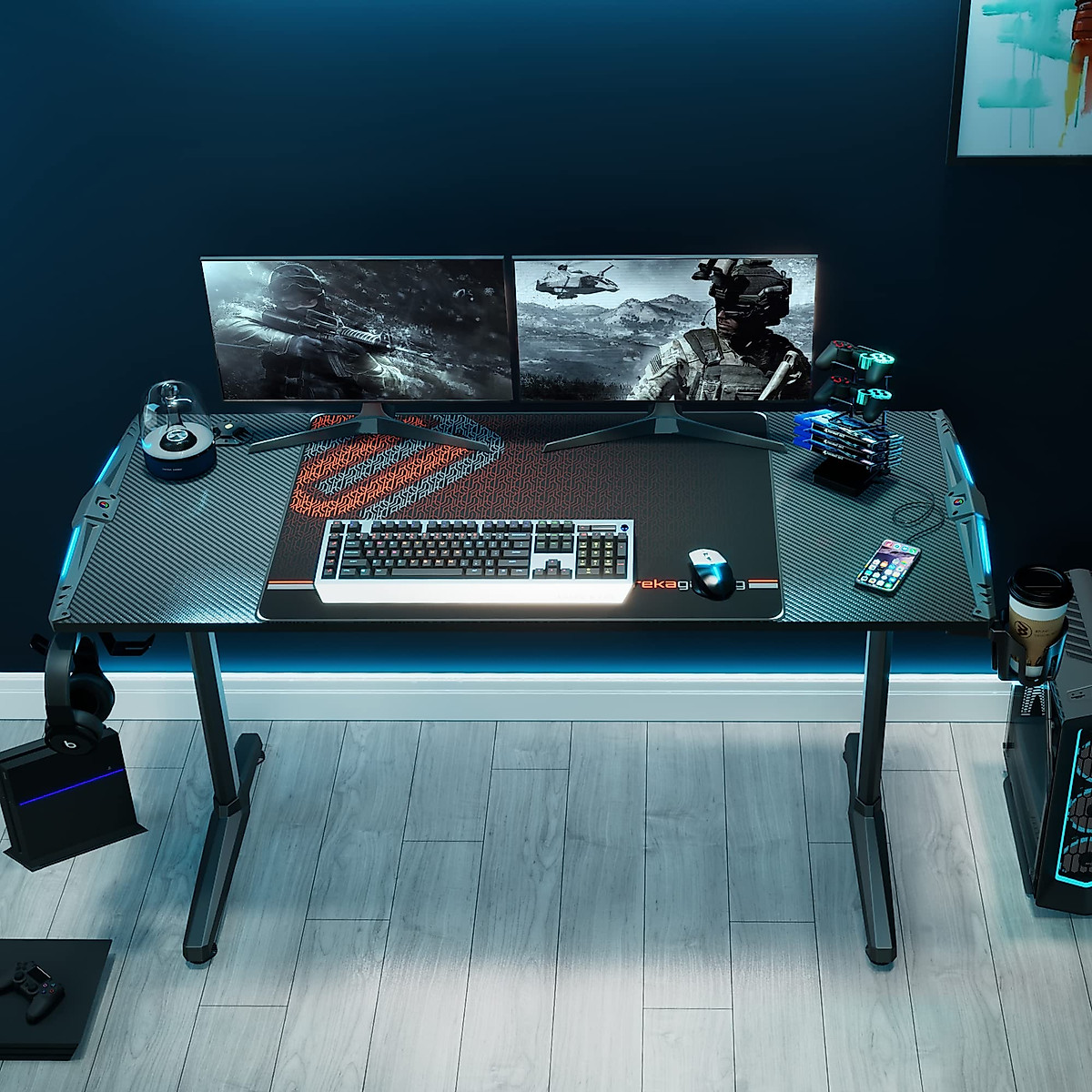 DESIGNA 55 Inch Gaming Desk with Led Lights, RGB Large Gaming Computer Desk with Free Mouse Pad,PC Gaming Table Gamer Desk Workstation with USB Handle Rack, Cup Holder,Headphone Hook, Black