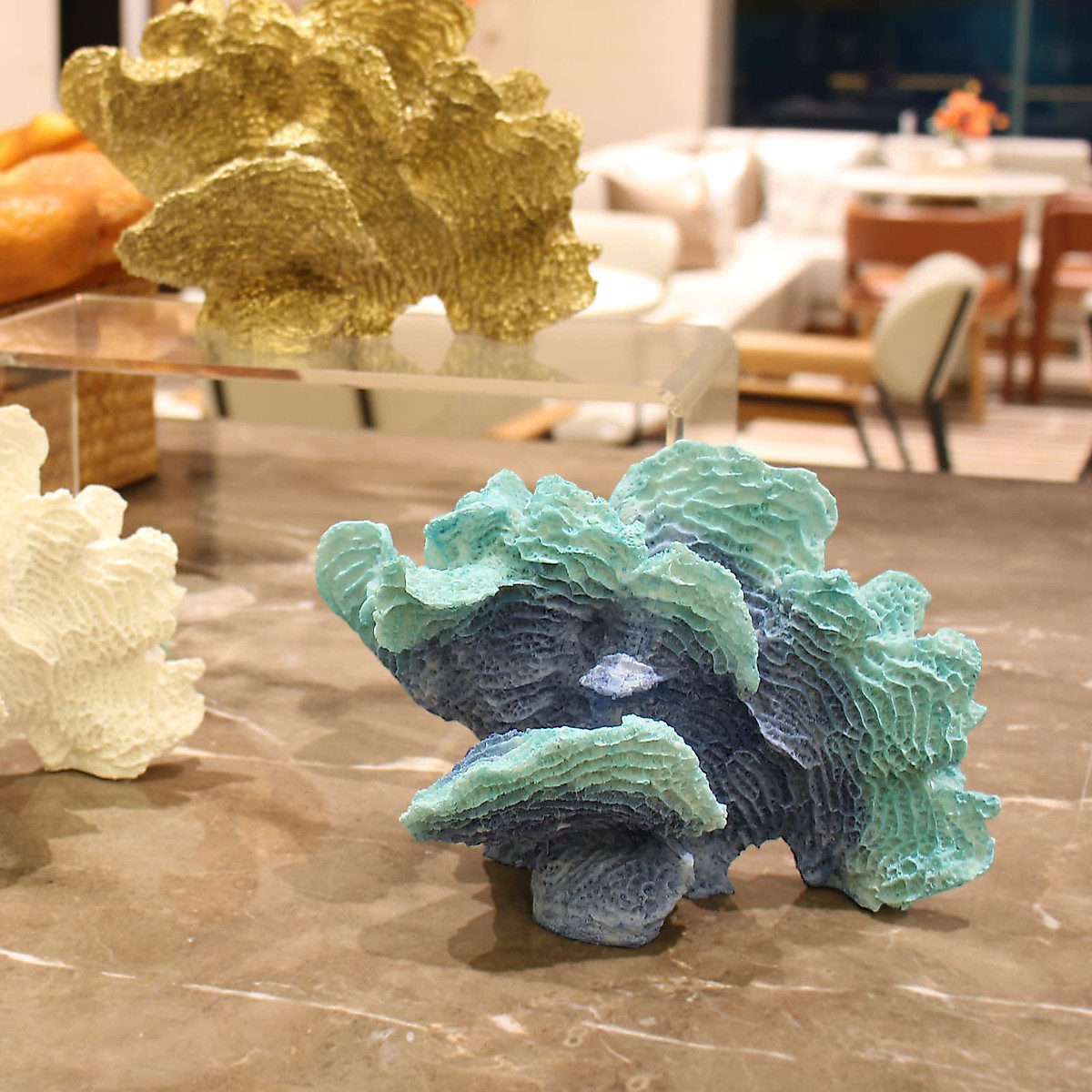 ALIWINER Blue Faux Coral Reef Statue - Resin Sea Coral Sculpture for Tabletop, Home, Living Room - Coastal Beach Decor