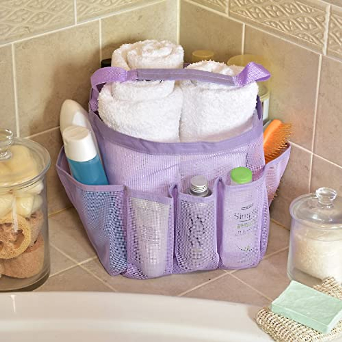 Shower Caddy Portable - Hanging Bathroom Organizer, Waterproof Mesh Tote Bags with Handles and Pockets, Quick Drying Storage Basket for Toiletries, College, Dorm, Camping, Travel - Lavender