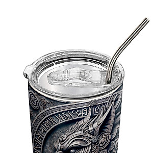 20oz Viking Celtic Warrior Wolf Tumbler, Norse Mythology, Viking Gifts for Men, Coffee Thermos for Men, Stainless Steel Double Wall Vacuum Insulated Coffee Mug, Travel Cup with Lid