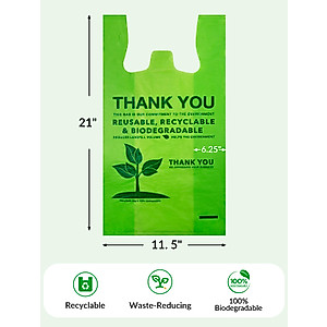 UMT Plastar 100 Count Recyclable Compostable 100% Biodegradable T-Shirt Bags, Eco-Friendly Grocery Shopping Bags, 11.5" x 6.25" x 21", 16 Mic