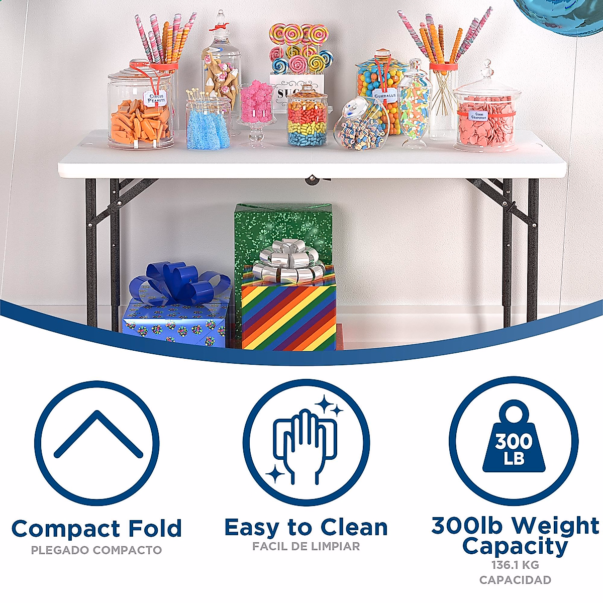 COSCO 4 ft. Centerfold Blow Mold Utility Table, Adjustable Height, White