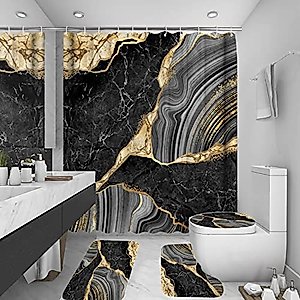 beifivcl 4Pcs Marble Shower Curtain Sets, Bathroom Decor Sets, Luxury Shower Curtain with 12 Hooks, Bath Mat, Toilet Lid Rug and Non-Slip U Shape Mat Accessories Marble Print, 72 x 72 Inch, Black