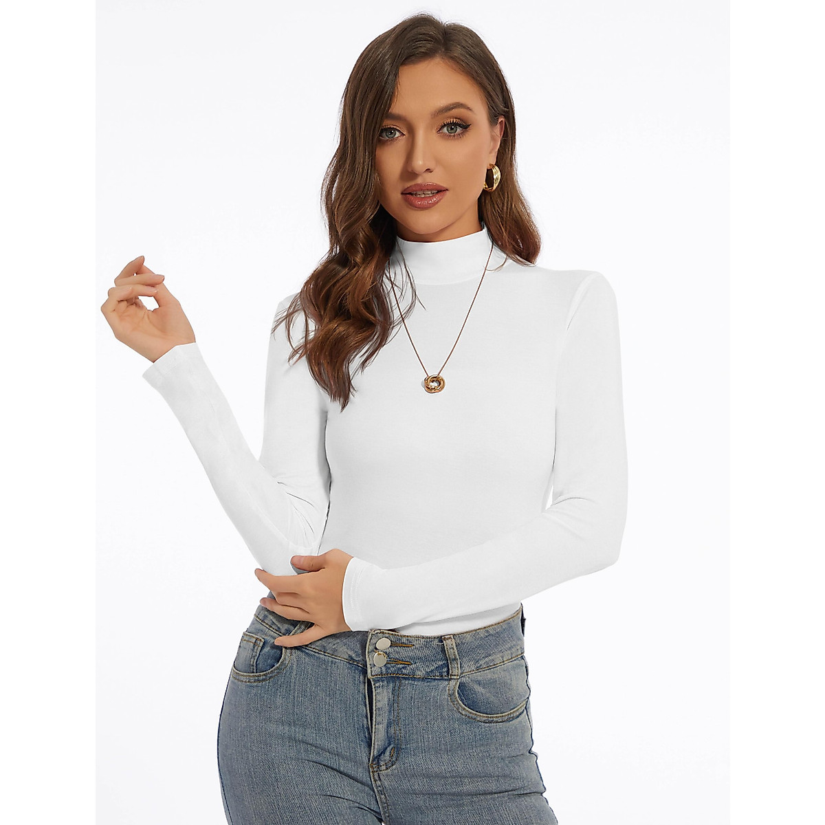 Long Sleeve Turtle Necks for Women Going Out Slim Fit Basic Casual Tee Tops Thermal Underscrub Clothing(White, Large)