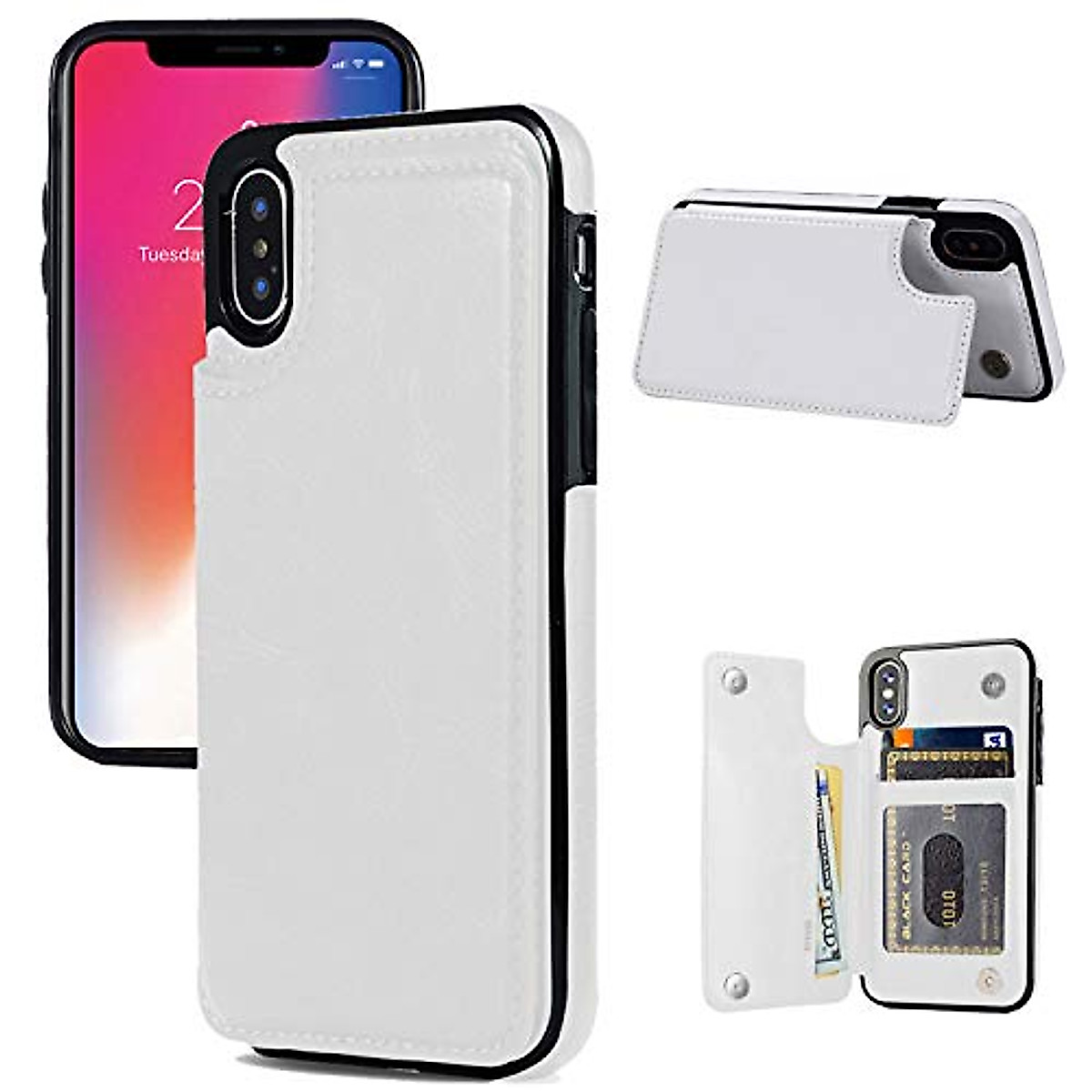 JOYAKI iPhone X/XS Wallet Case - Slim Leather with Card Holder & Free Screen Protector, 5.8 inch - White