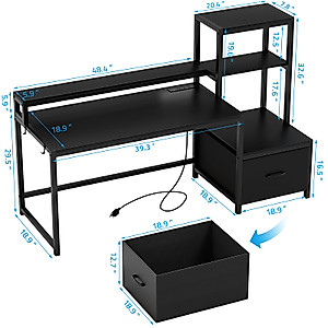 GreenForest Office Desk with Power Outlets and Printer Shelf, 59 inch Computer Desk with LED and Drawer, Reversible Gaming Desk with Storage for Home Study Working,Black