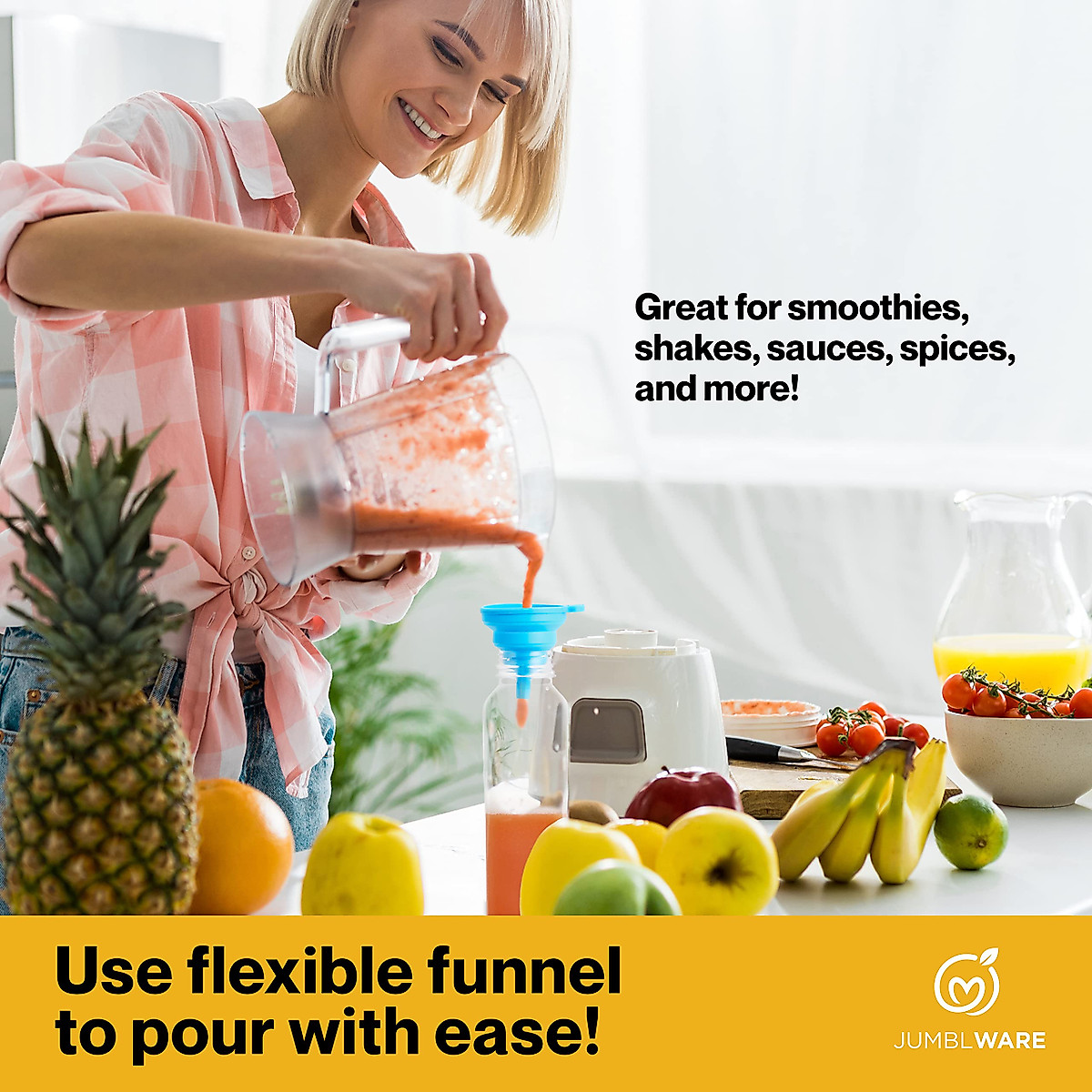 JumblWare Juice Bottles 20 Clear Plastic 16oz Reusable Bottles w/Funnel, Cleaning Brush, & Labels for Work, Gym, Home, & Catered Events Recyclable, Disposable, Shatterproof, BPA-Free Made in USA