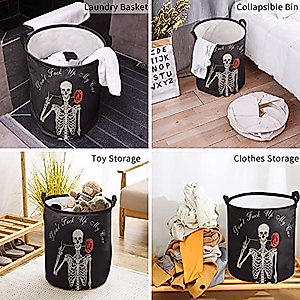 Laundry Hamper Foldable Laundry Basket, Red Roses Skeleton Waterproof Clothes Hamper for Bathroom Bedroom Living Room, Rustic Skull Victory Gesture Toy Baskets for Dollhouse 16.5"x17"
